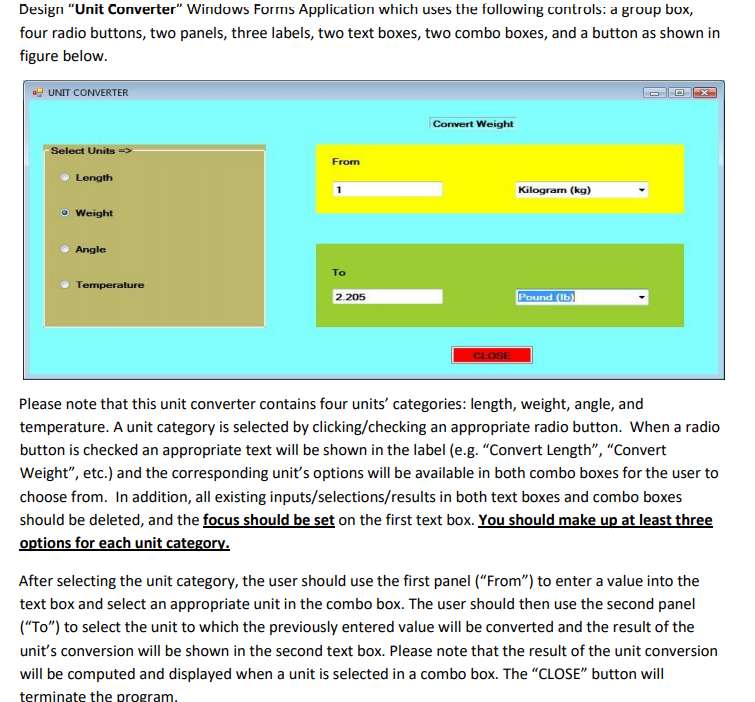 Solved Design “Unit Converter” Windows Forms Application | Chegg.com