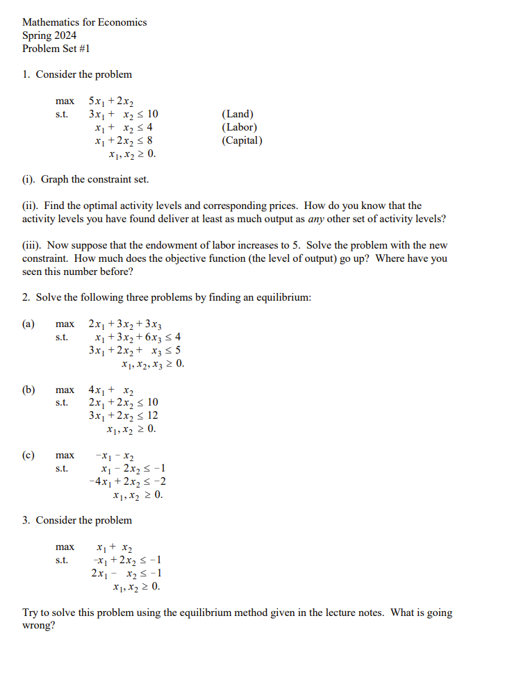 Solved Mathematics for EconomicsSpring 2024Problem Set | Chegg.com
