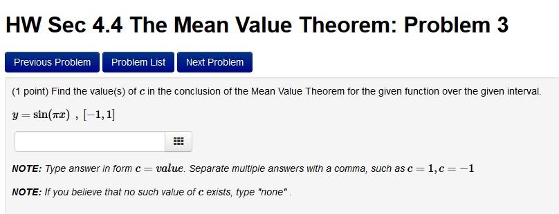 Solved HW Sec 4.4 The Mean Value Theorem: Problem 3 Previous | Chegg.com