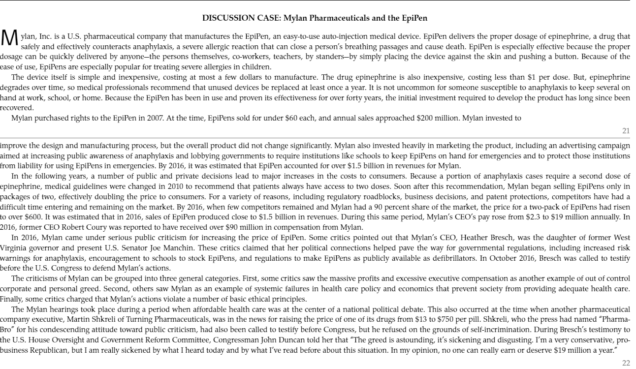 Solved DISCUSSION CASE: Mylan Pharmaceuticals and the EpiPen | Chegg.com