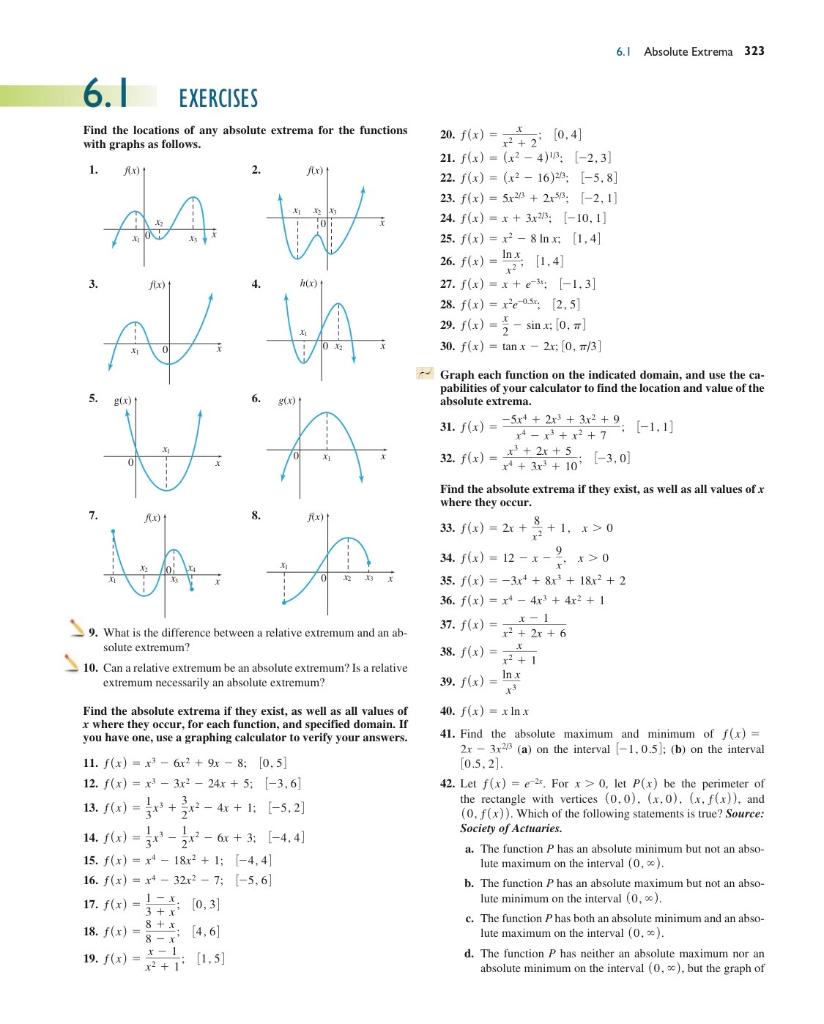 Solved 6.1 Absolute Extrema 323 6.1 EXERCISES Find the | Chegg.com