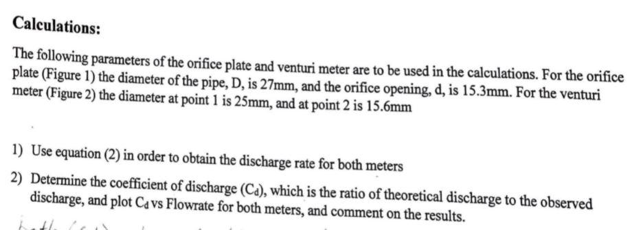 Solved Calculations: The following parameters of the orifice | Chegg.com