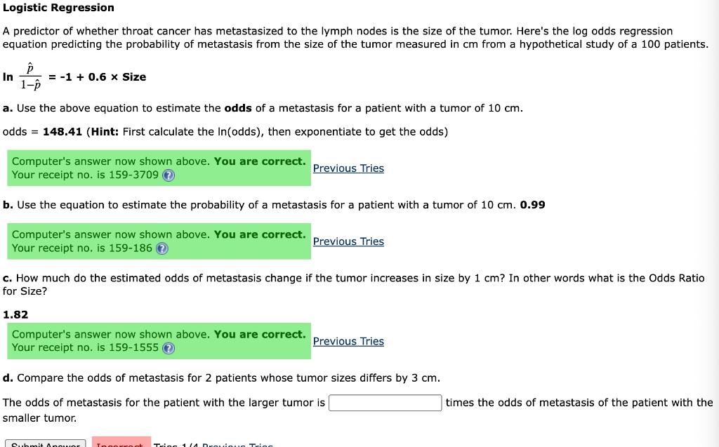 Solved Logistic Regression A predictor of whether throat | Chegg.com