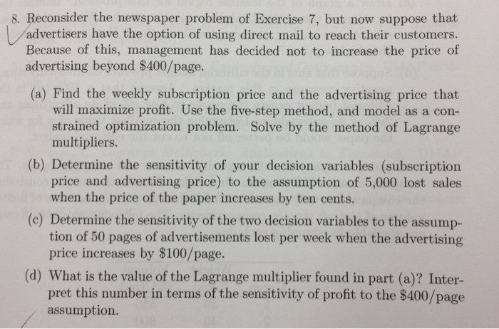 Reconsider the newspaper problem of Exercise 7, but | Chegg.com