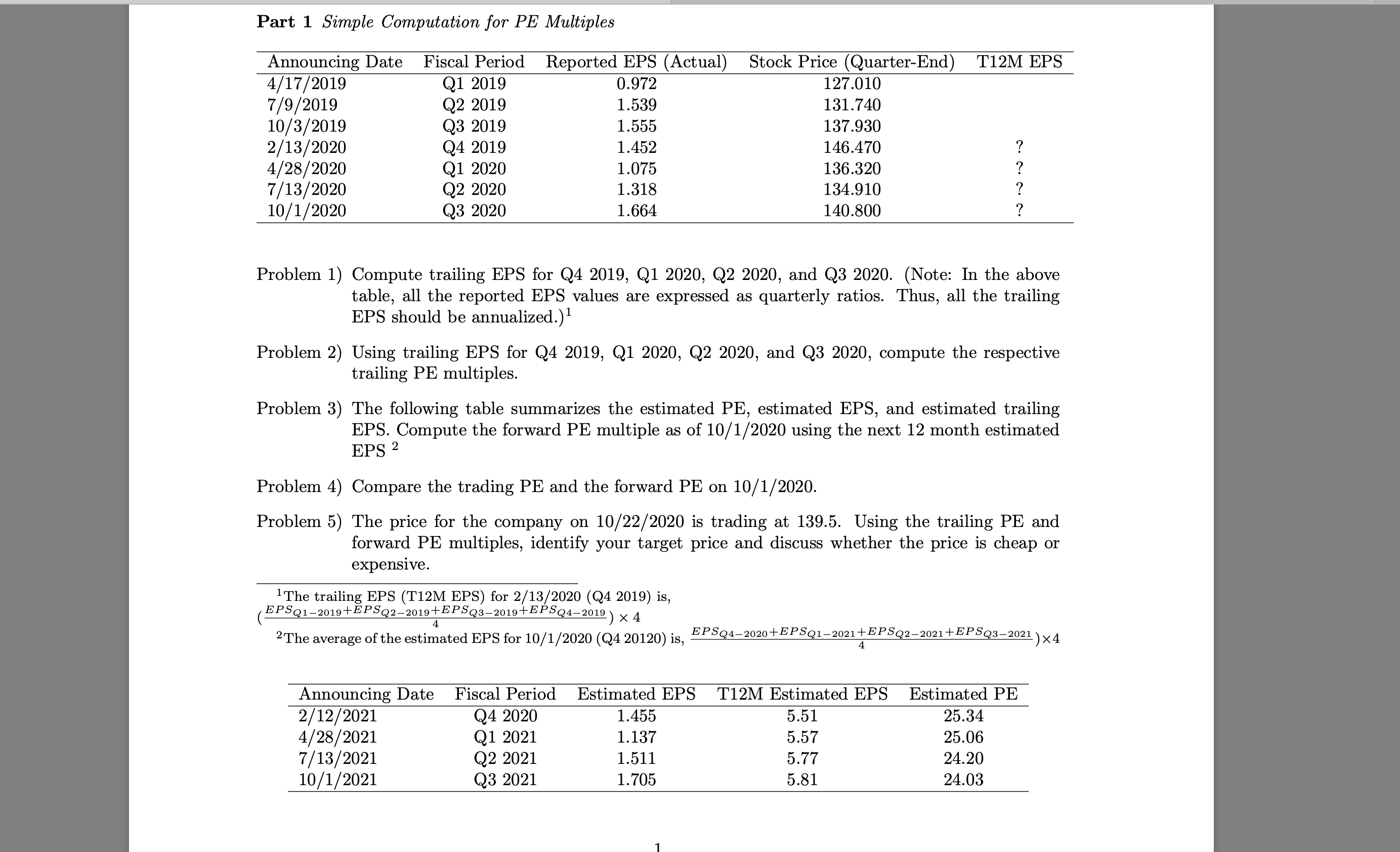 Part 1 Simple Computation for PE Multiples Announcing | Chegg.com