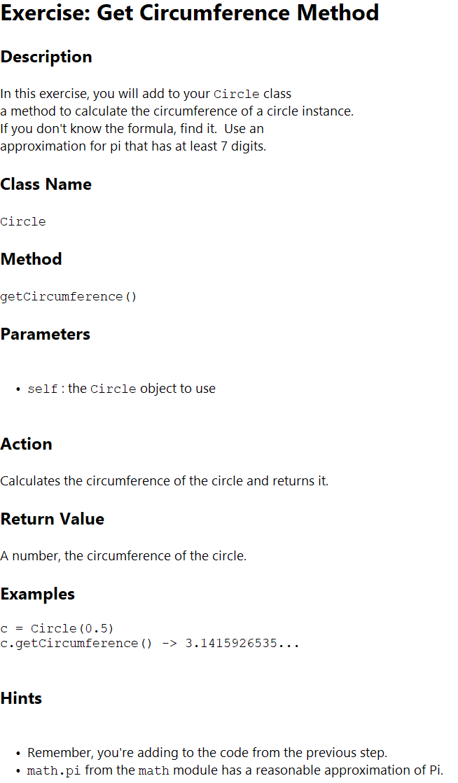 Solved Exercise: Get Circumference Method Description In | Chegg.com