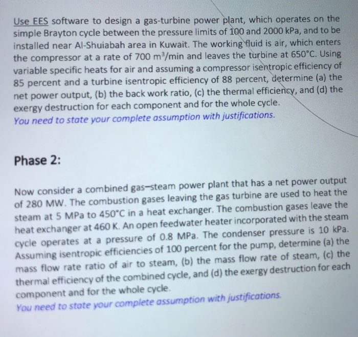 Solved Use EES software to design a gas-turbine power plant, | Chegg.com