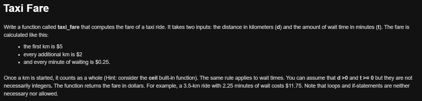 Solved Iaxi Fare Write a function called taxi_fare that | Chegg.com