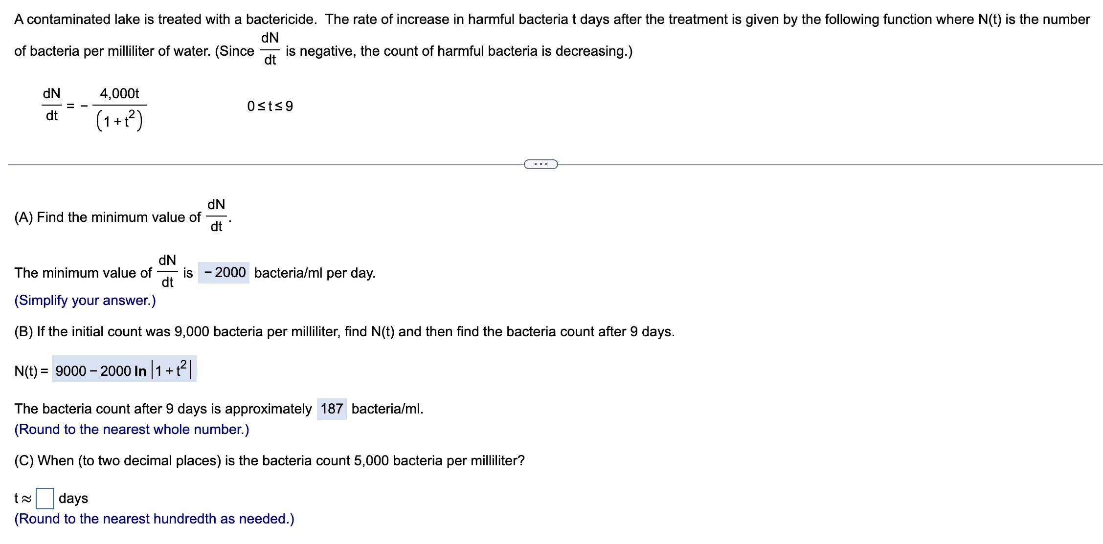 Solved A contaminated lake is treated with a bactericide. | Chegg.com