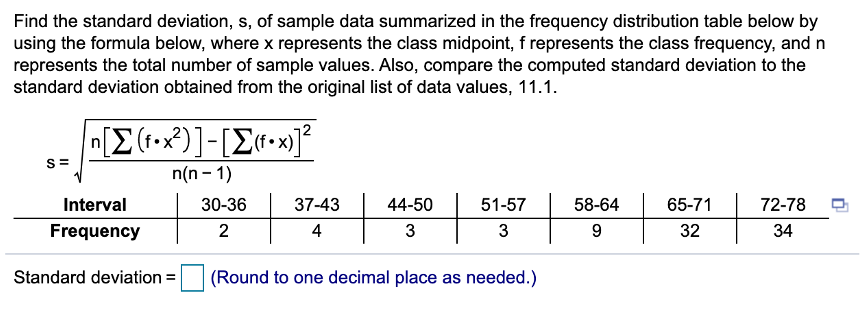 Solved Find the standard deviation, s, of sample data | Chegg.com