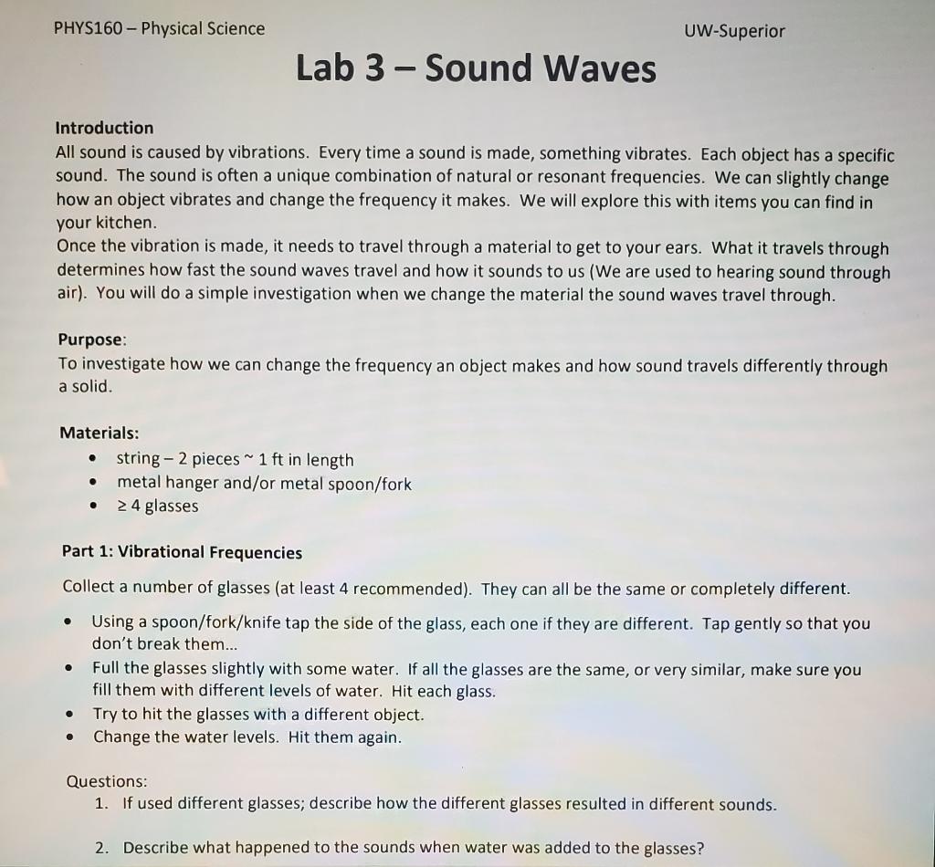 Solved PHYS160 - Physical Science UW-Superior Lab 3 - Sound | Chegg.com
