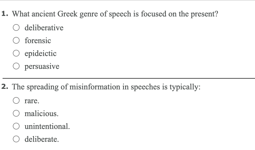 Solved 1. What ancient Greek genre of speech is focused on | Chegg.com