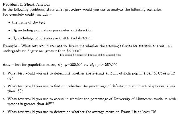 Solved Problem I. Short Answer In the following problems, | Chegg.com