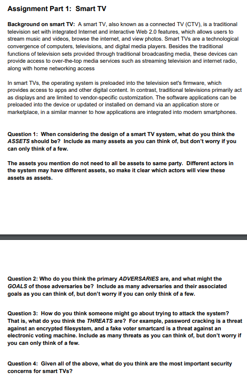 Solved Assignment Part 1: Smart TV Background on smart TV: A | Chegg.com