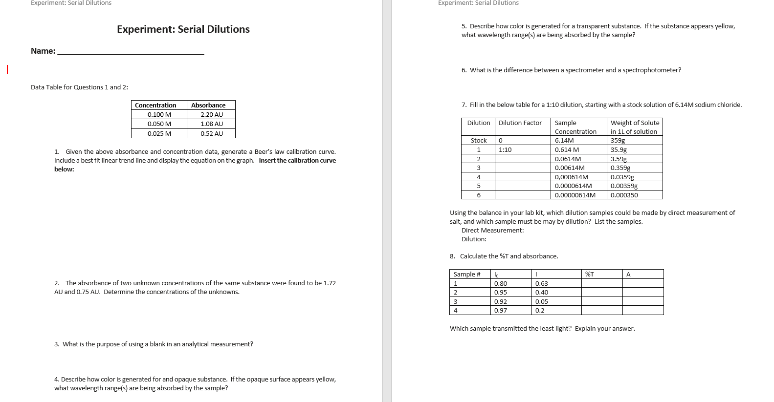 Solved Experiment: Serial Dilutions Experiment: Serial | Chegg.com