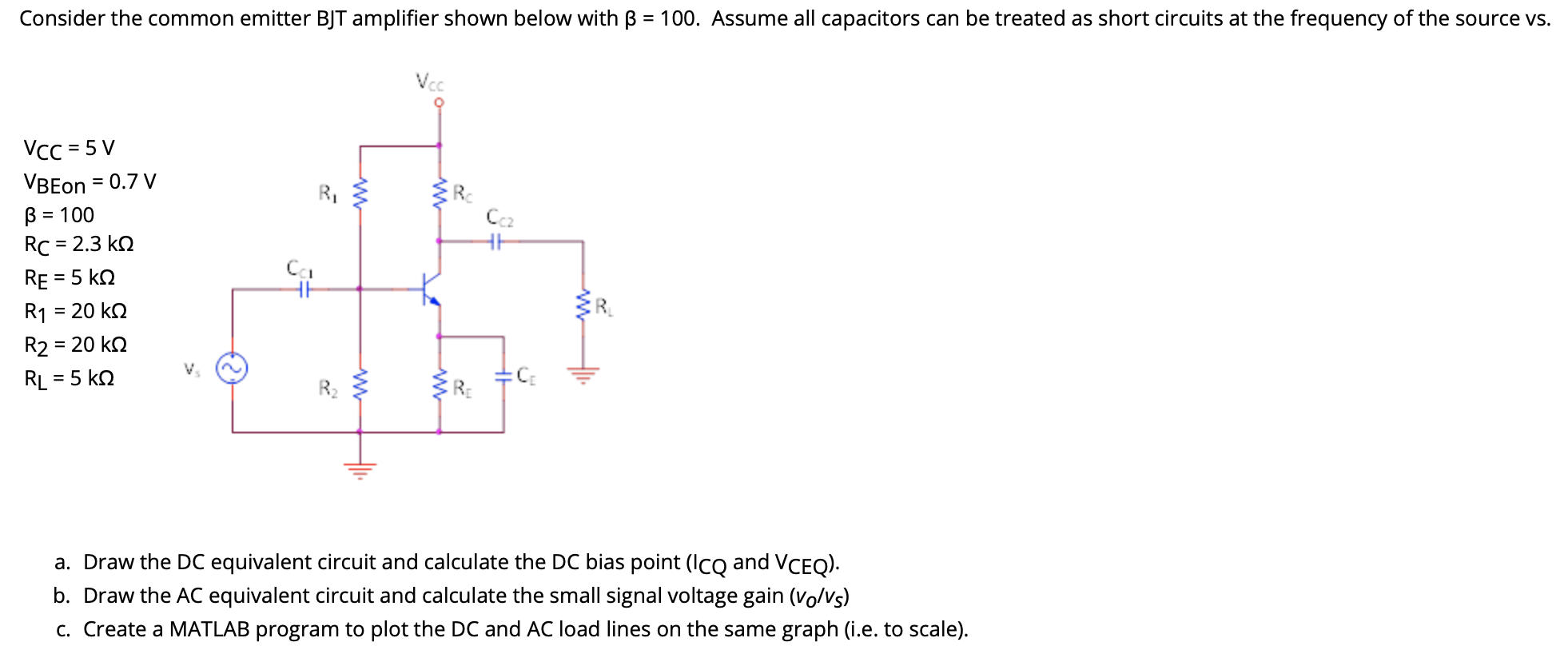 Solved Consider the common emitter BJT amplifier shown below | Chegg.com