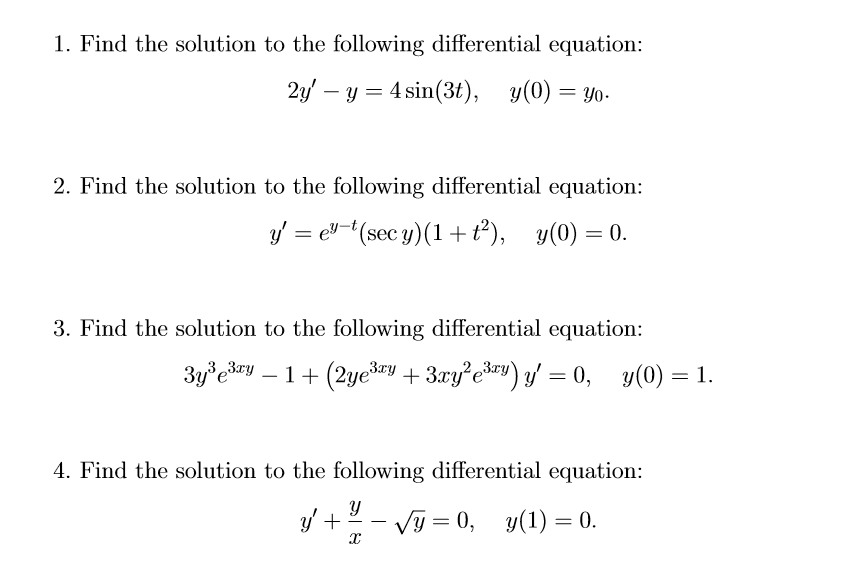 Solved 1. Find the solution to the following differential | Chegg.com