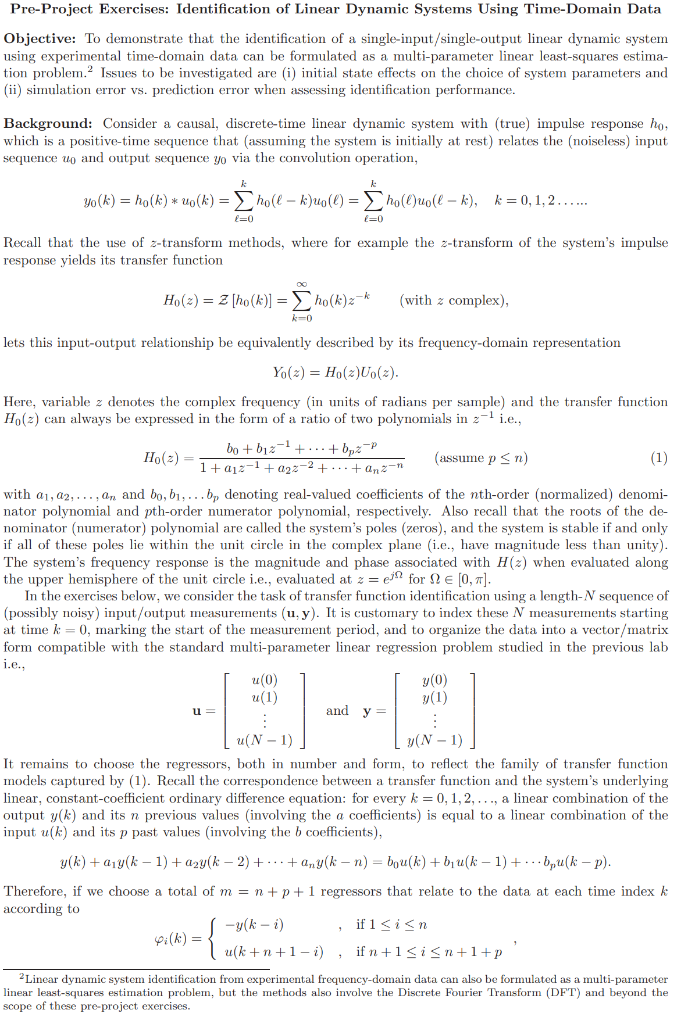Solved Pre-Project Exercises: Identification of Linear | Chegg.com