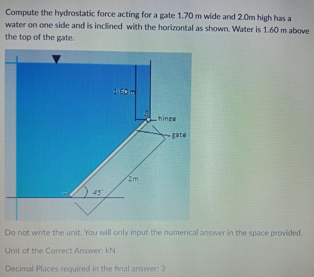 Solved Compute the hydrostatic force acting for a gate 1.70 | Chegg.com