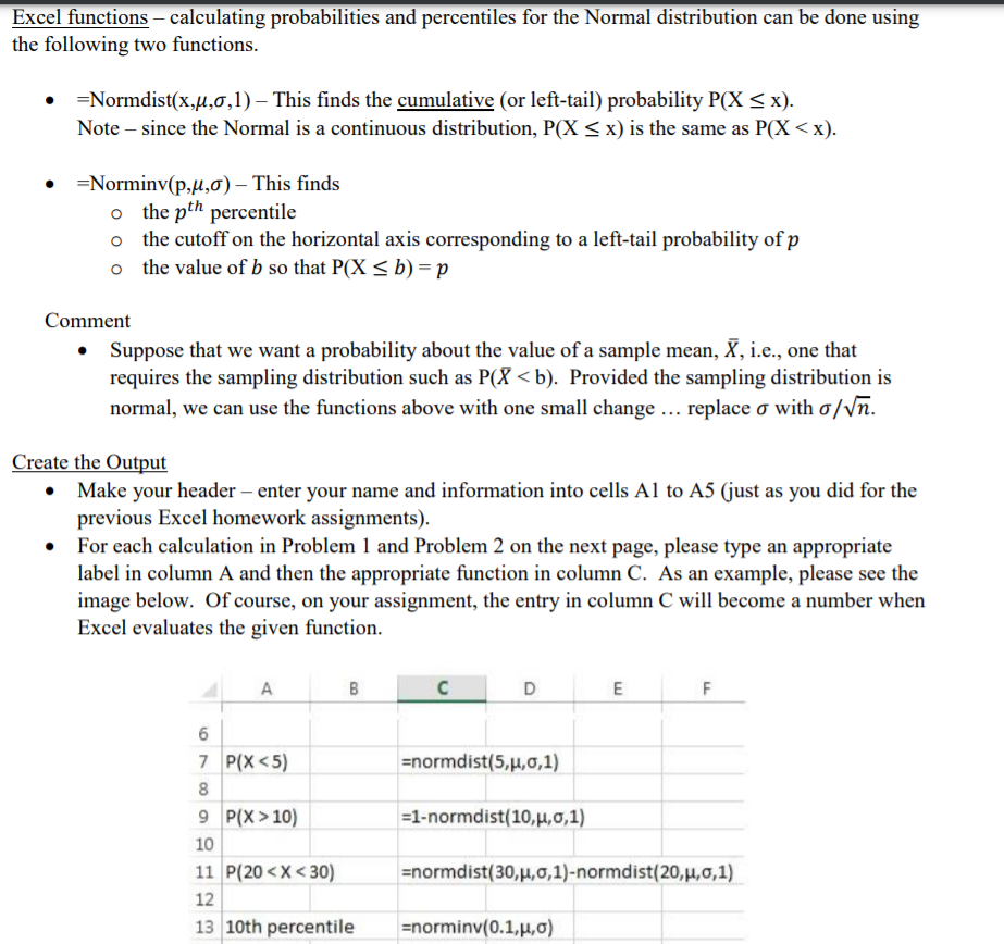 Solved Excel functions - calculating probabilities and | Chegg.com