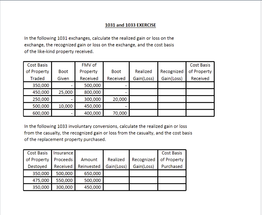 In the following 1031 exchanges, calculate the | Chegg.com