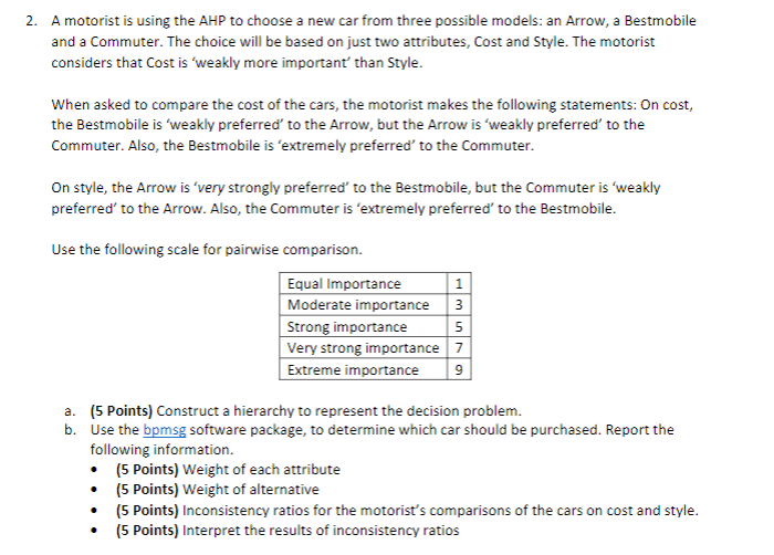 Solved 2. A motorist is using the AHP to choose a new car | Chegg.com