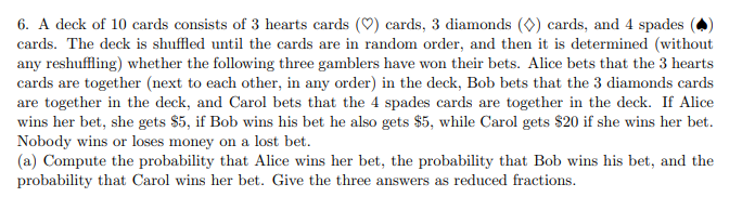 Solved 6. A deck of 10 cards consists of 3 hearts cards () | Chegg.com