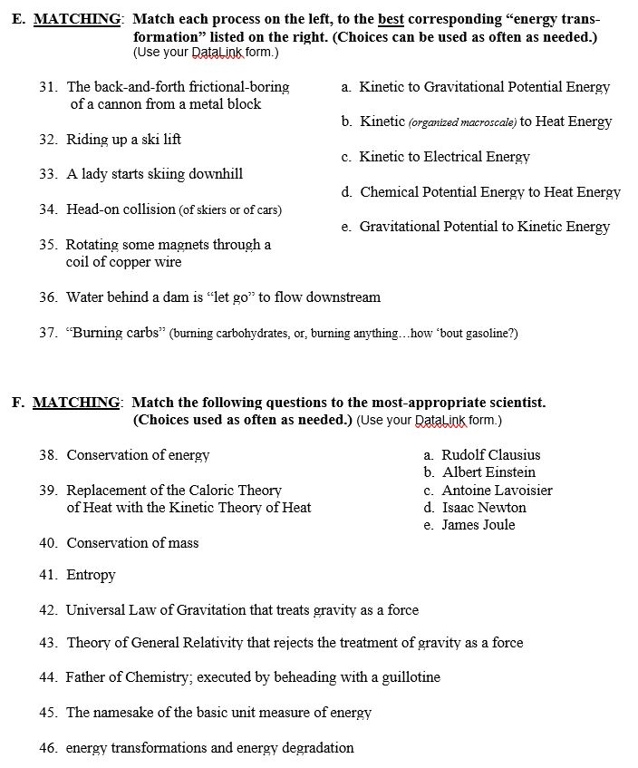Solved E. MATCHING: Match each process on the left, to the | Chegg.com