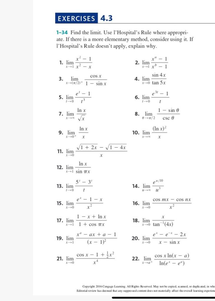 Solved 1-34 Find the limit. Use l'Hospital's Rule where | Chegg.com