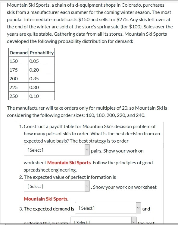 Solved Mountain Ski Sports, a chain of ski-equipment shops | Chegg.com