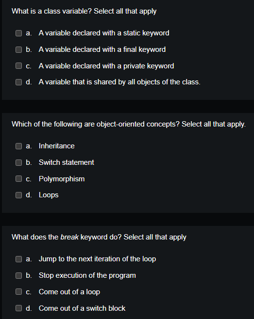 Solved What is a class variable? Select all that apply a. A | Chegg.com