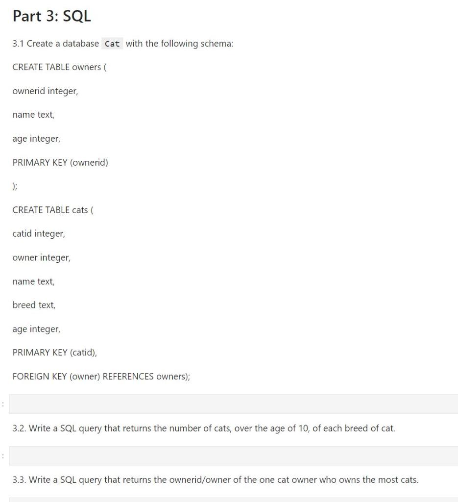 Solved 3.1 Create a database Cat with the | Chegg.com