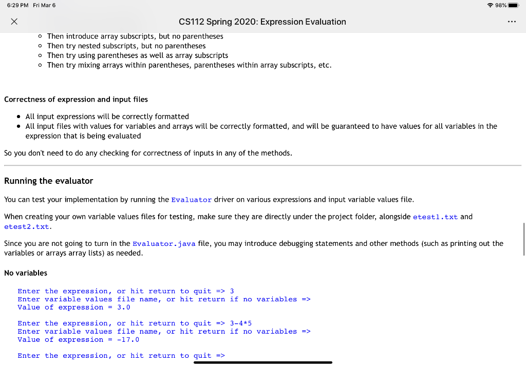 Solved 6:28 PM Fri Mar 6 98% X CS112 Spring 2020: Expression | Chegg.com
