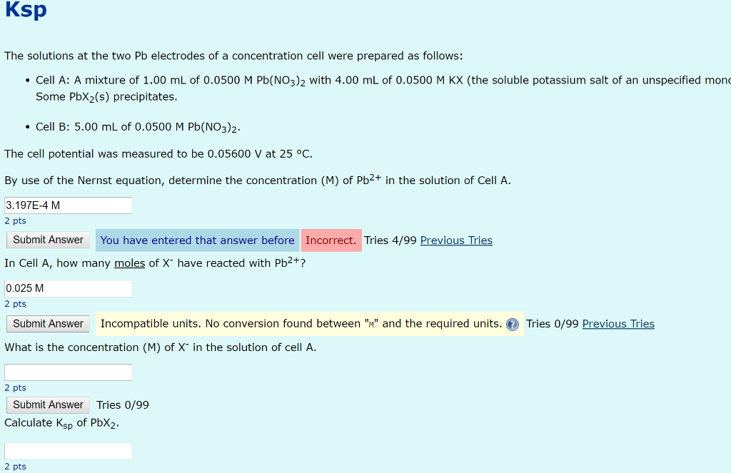 Ksp The solutions at the two Pb electrodes of a | Chegg.com