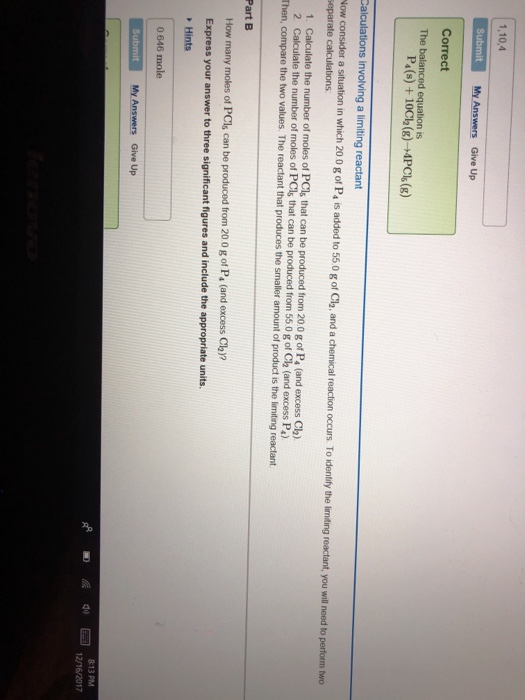 Solved Hints 0 310 mole Submit My Answers Give Up Correct | Chegg.com