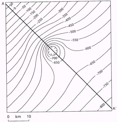 Solved The figure below shows a Bouguer anomaly map, | Chegg.com