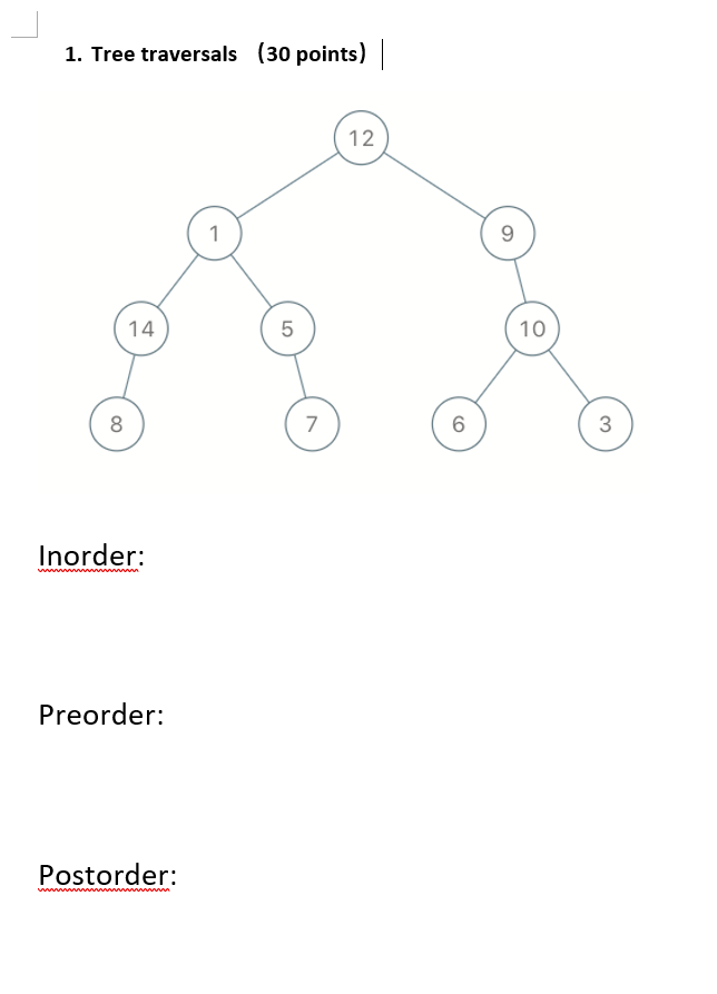 Solved 1. Tree traversals (30 points) | 12 1. 9 14 5 10 8 7 | Chegg.com