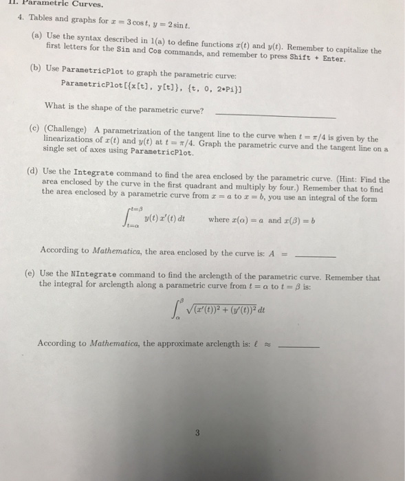 Solved II. Parametric Curves. 4, Tables and graphs for z = 3 | Chegg.com