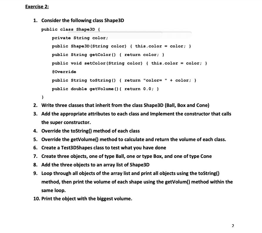 Solved Exercise 2: 1. Consider the following class Shape 3D | Chegg.com