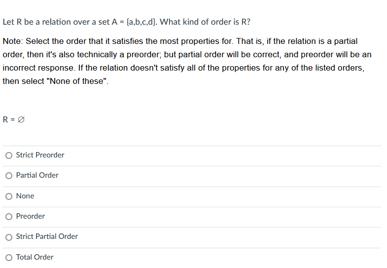Solved Let R be a relation over a set A={a,b,c,d}. What kind | Chegg.com