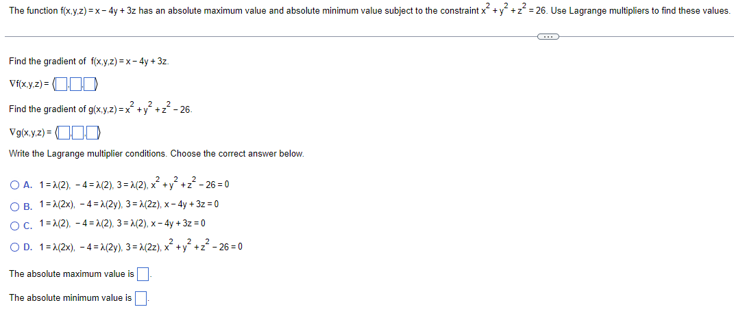 Solved The function f(x,y,z)=x−4y+3z has an absolute maximum | Chegg.com