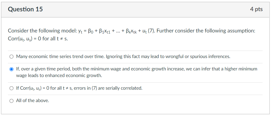 Solved Consider the following model: yt=β0+β1xt1+…+βkxtk+ut | Chegg.com