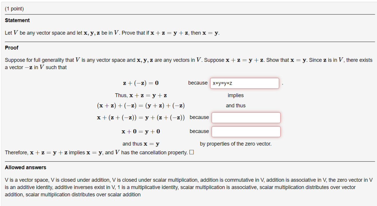 Solved (1 point) Statement Let V be any vector space and let | Chegg.com Solved (1 point) Statement Let V be any vector space and let | Chegg.com