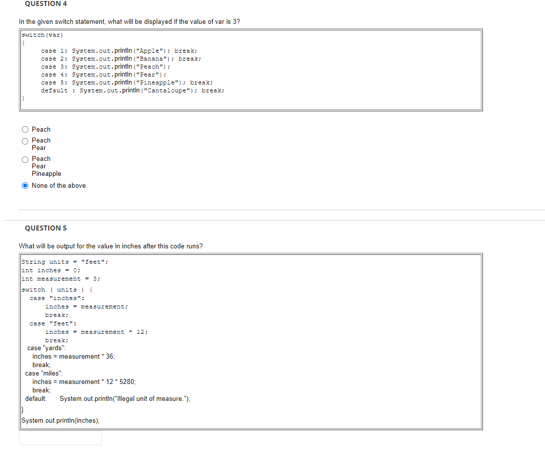 Solved Switch (var) \{ case 1: System.out.println ("Apple"); | Chegg.com