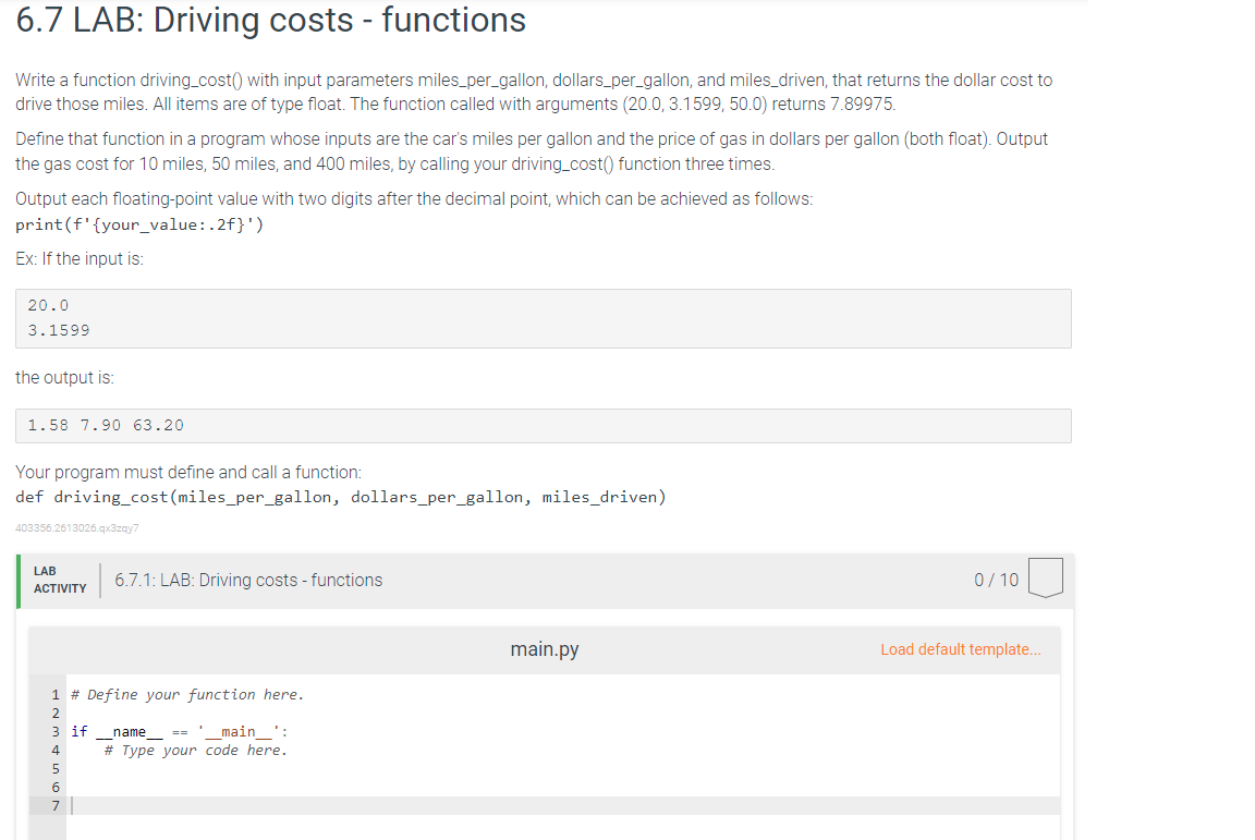 Solved 6.7 LAB: Driving costs - functions Write a function | Chegg.com