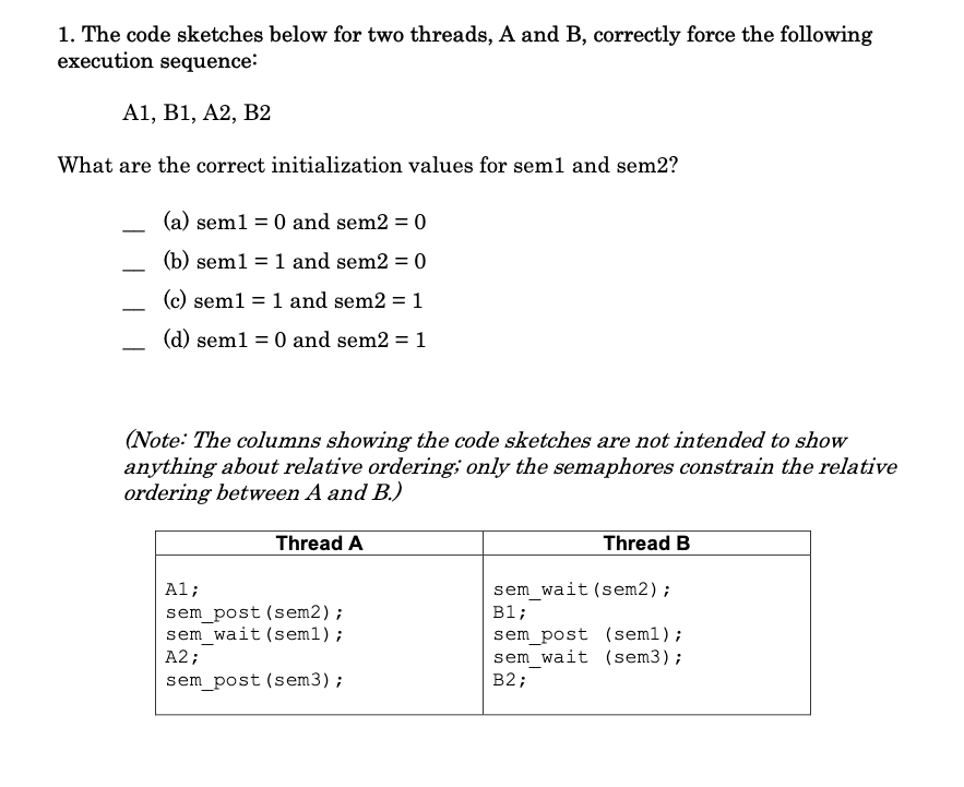Solved 1. The code sketches below for two threads, A and B, | Chegg.com