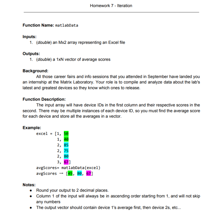 Solved Homework 7 - Iteration Function Name: matlabData | Chegg.com