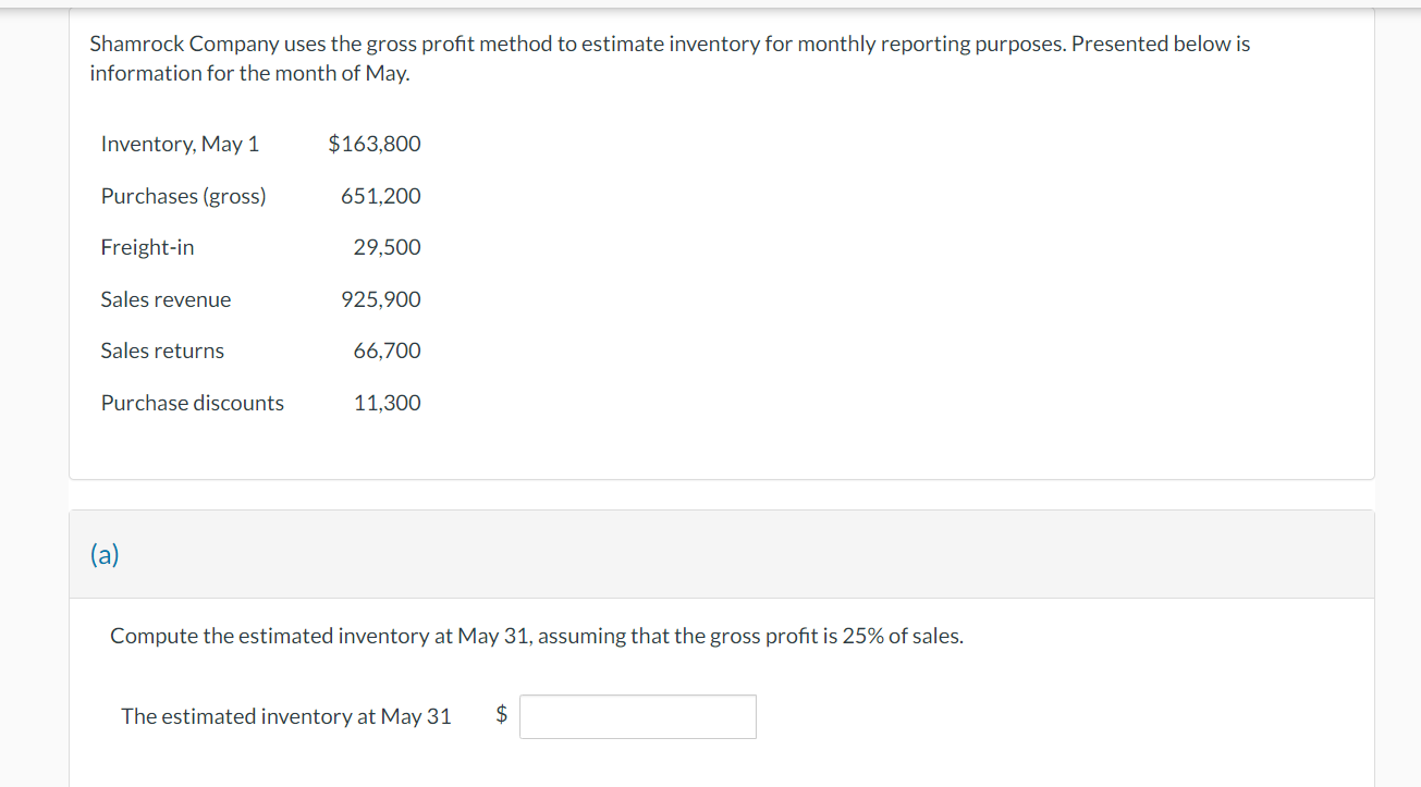 Solved Shamrock Company uses the gross profit method to | Chegg.com