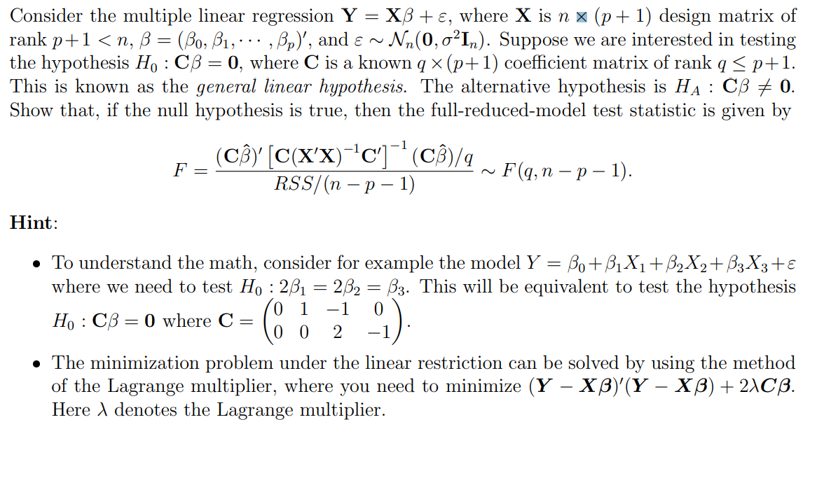 Solved Consider the multiple linear regression Y=Xβ+ε, where | Chegg.com