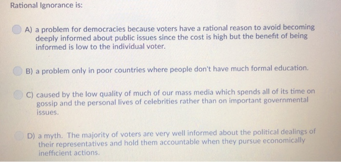 Solved Rational Ignorance is A) a problem for democracies | Chegg.com
